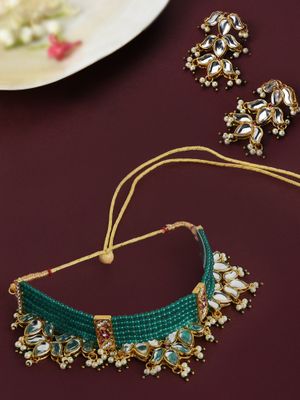 Buy Zaveri Pearls Green Beaded Ethnic Kundan Choker Necklace & Earring ...