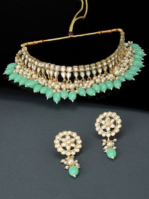 Buy Zaveri Pearls Green Beads Ethnic Kundan Choker Necklace & Earrings ...