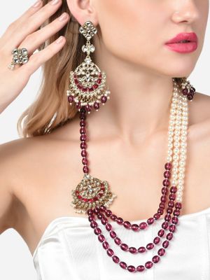 Buy Zaveri Pearls Wine Color Multilayer Side Brooch Necklace Earring ...
