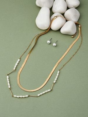 Buy Zaveri Pearls Gold Tone Contemporary 2 Layers Pearl Necklace & Stud ...