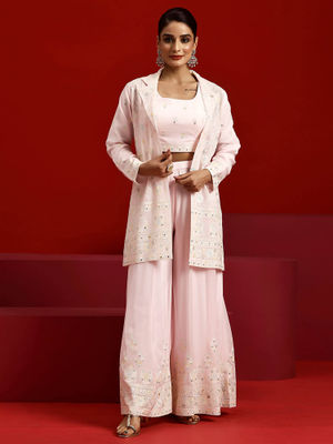 Buy Libas Art Womens Pink Embroidered Co-Ord (Set of 3) (S) Online