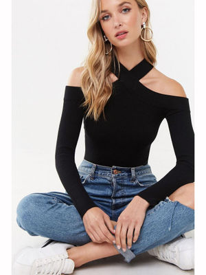 Buy Forever 21 Ribbed Open-Shoulder Sweater Online