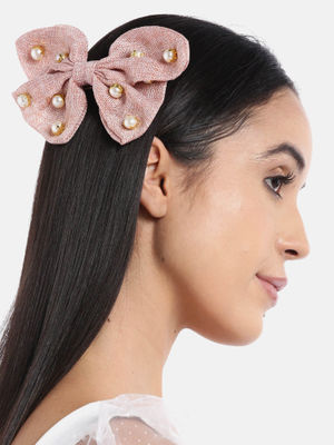Buy Blueberry Peach Jute Pearl Embellishment Hair Bow Clip Online