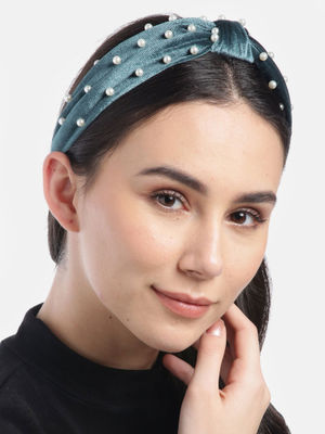 Buy Blueberry Princess Pearl Embellished Teal Velvet Knot Hair Band Online