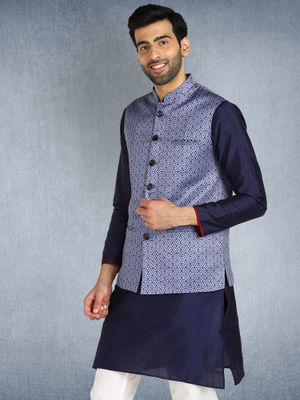 Buy HANGUP Menswear Blue Printed Nehru Jacket Online