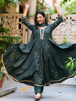 Buy Hatheli Dark Green Block Print Anarkali Suit (Set of 3) Online