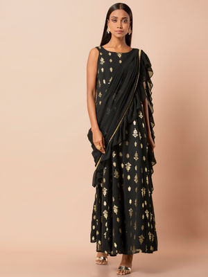 Indya Ethnic Dresses : Buy Indya Black Foil Print Dress With Attached ...