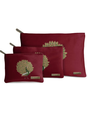 Buy DailyObjects Maroon Peacocking Stash Pouch Set of 3 Online