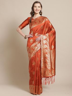 Buy Akhilam Rust Silk Blend Saree With Unstitched Blouse Online