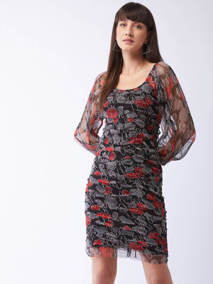 Buy Magre Red Big Floral Print Gathered Dress Online