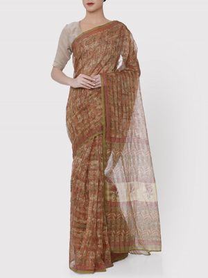 Buy Naina Arunima Beige & Rust Lotus Pond Saree Online