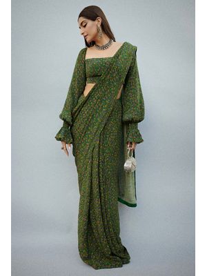 MasabaSarees : Buy Masaba Emerald Floral Rush Sari & Unstitched Blouse ...