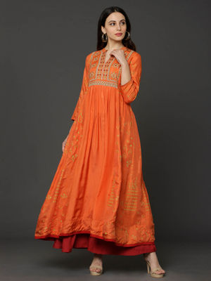Ojas Designs Ethnic Dresses : Buy Ojas Designs Orange Cotton Silk with ...
