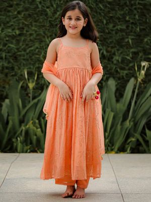 Buy Piccolo Peach Colored Mukesh Work Kurta Pants With Dupatta (Set of ...