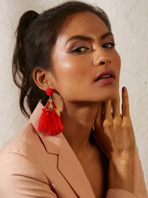 Buy Pipa Bella by Nykaa Fashion Red Tassel Earrings Embellished With ...