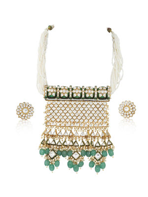 Buy RIANA JEWELLERY White Jadtar Stone Big Pendant and Green Hangings ...