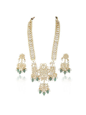 Buy RIANA JEWELLERY White Jadtar Stone Peacock Long Pendant Set With ...