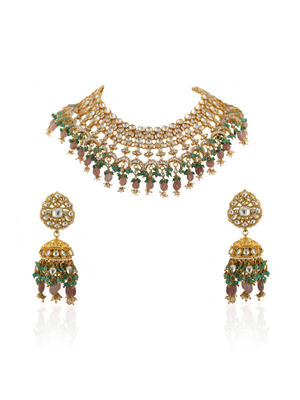 Buy RIANA JEWELLERY White Jadtar Stone Heavy Bridal Necklace Set Pastel ...