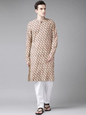 See Designs Kurta Set : Buy See Designs Men Beige And Maroon Printed ...