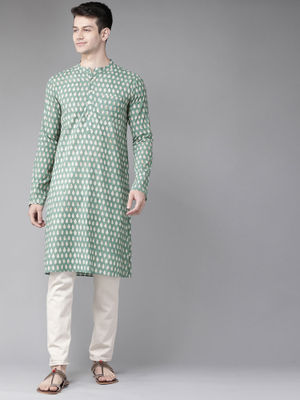 See Designs Kurtas : Buy See Designs Men Green And Beige Hand Block ...