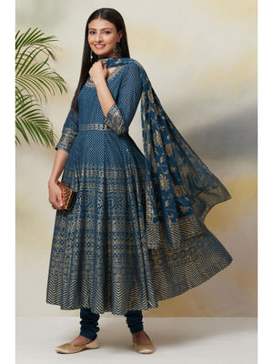 Biba Salwar Suits and Sets : Buy Biba Blue Cotton Anarkali Suit (Set of ...