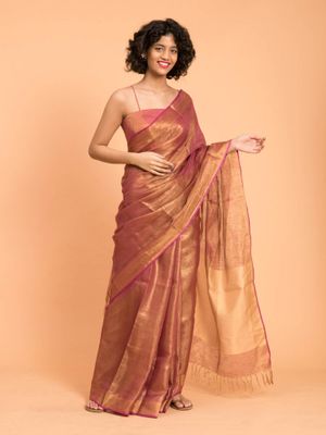 Buy Suta Pink-Gold & Zari-Edged Linen Saree without Blouse Online