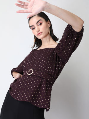 Buy Faballey Wine Puffed Sleeve Belted Textured Satin Blouse Online