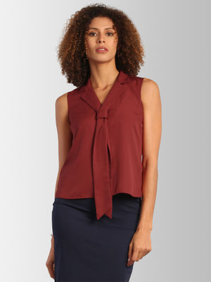 Buy FableStreet Red Solid Collar Neck Top (L) Online